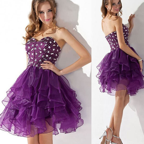 Custom Made Short Cocktail Dresses 2016 Purple Prom Dress With Beading